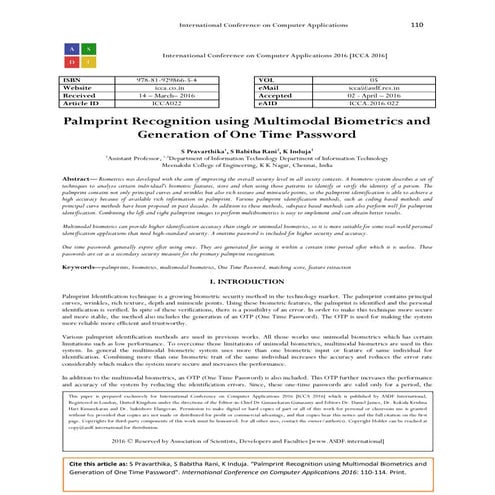 Palmprint Recognition using Multimodal Biometrics and Generation of One Time Password | PDF