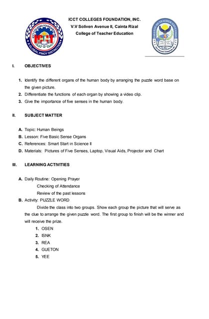 Detailed Lesson Plan in Science and Health Grade 3 Sense Organ | DOCX ...