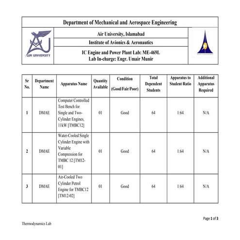 IC Engine Lab and power plant lab course breakdown | PPT