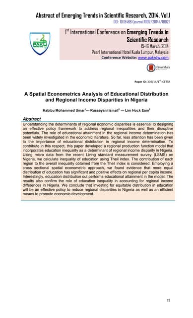 A Spatial Econometrics Analysis Of Educational Distribution And Regional Income Disparities In