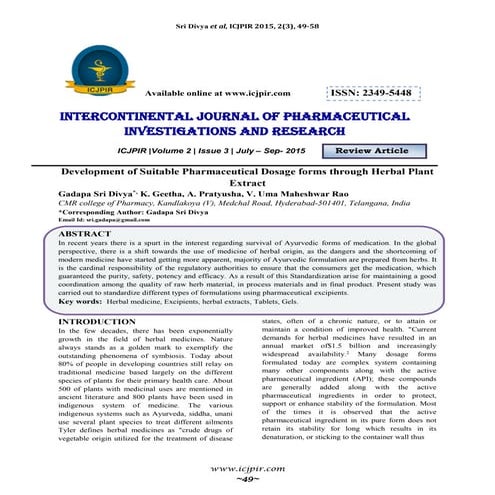 Development of Suitable Pharmaceutical Dosage forms through Herbal ...