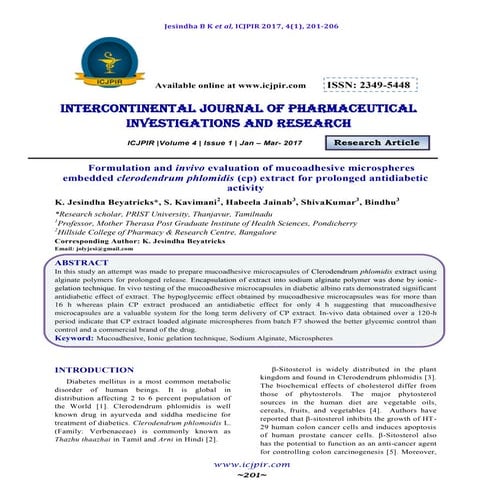 Formulation And Invivo Evaluation Of Mucoadhesive Microspheres Embedded Clerodendrum Phlomidis