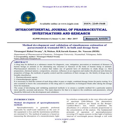 Method Development And Validation Of Simultaneous Estimation Of Paracetamol And Tramadol Hcl In