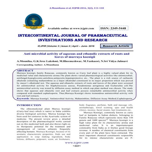 Anti microbial activity of aqueous and ethanolic extracts of roots and leaves of murraya ...