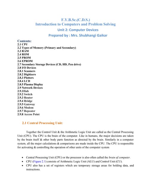 Introduction To Computer Unit 1 Notespdf Computer Peripherals