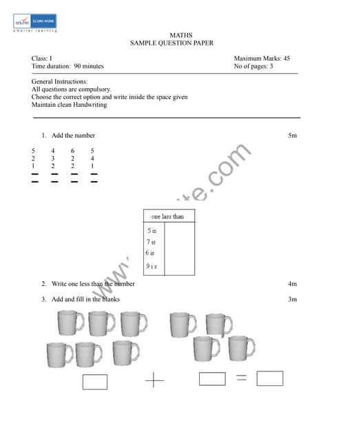 Class 1 CBSE Maths Question Paper FA 1 | PDF