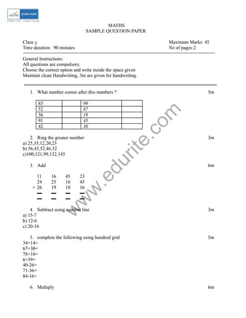Class 2 CBSE Maths Sample Paper Term 1 Model 1 | PDF