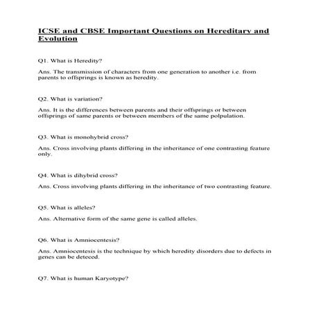 ICSE and CBSE Important Questions on Hereditary and Evolution.docx ...