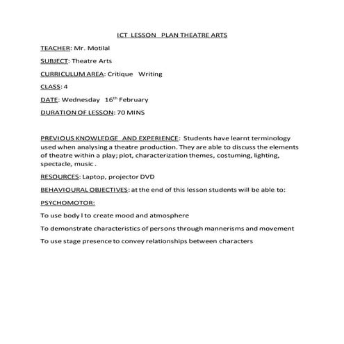 Ict lesson plan theatre arts feb 1st (2) | DOCX | Theater | Fine Art