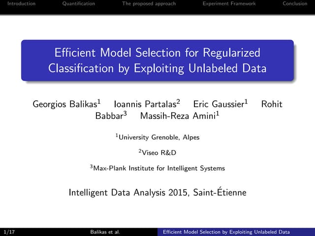 Ida 2015 Efficient Model Selection For Regularized Classification By Exploiting Unlabeled Data