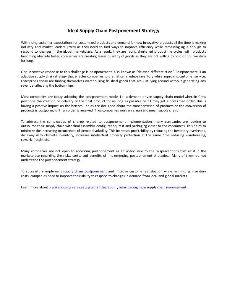 Ideal supply chain postponement strategy