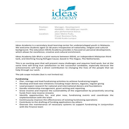 Ideas Academy: Development Manager Job Description (April 2017) | PDF