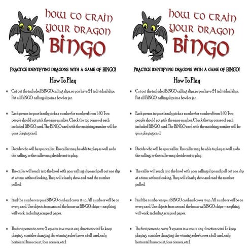 How to Train Your Dragon - BINGO Complete Set, Half Page | PPT