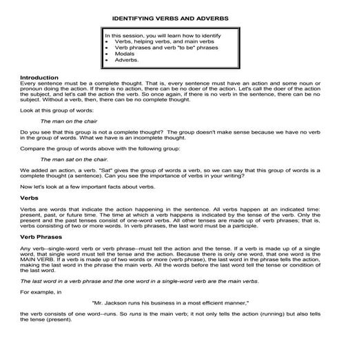 Identifying Verbs and Adverbs | PDF
