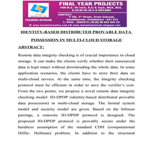 Identity Based Distributed Provable Data Possession In Multi Cloud Storage Pdf