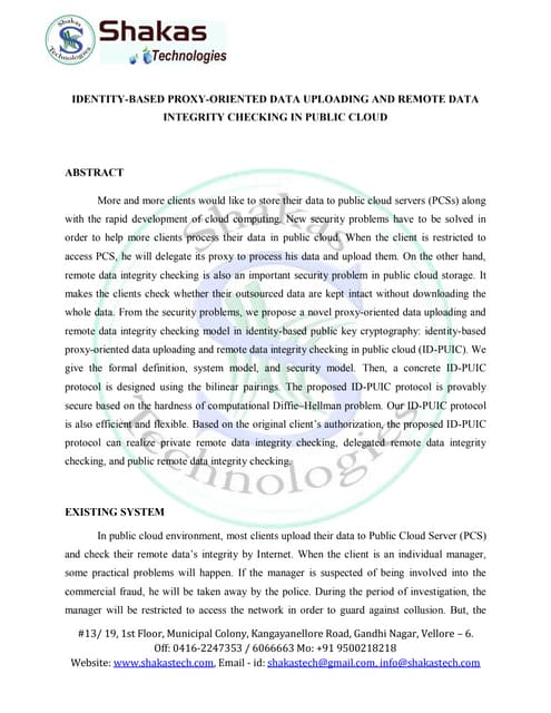 Identity Based Proxy Oriented Data Uploading And Remote Data Integrity Checking In Public Cloud