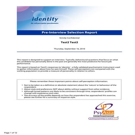 Identity Self-Perception Business Personality Questionnaire Pre ...