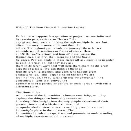 IDS 400 The Four General Education Lenses Each time w.docx