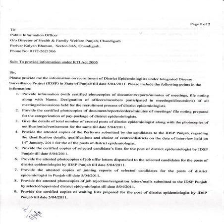 EPIDEMIOLOGIST IDSP PUNJAB RTI APPLICATION | PDF