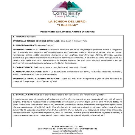Complexity Literacy Meeting - Scheda del libro presentato da Andrea Di ...