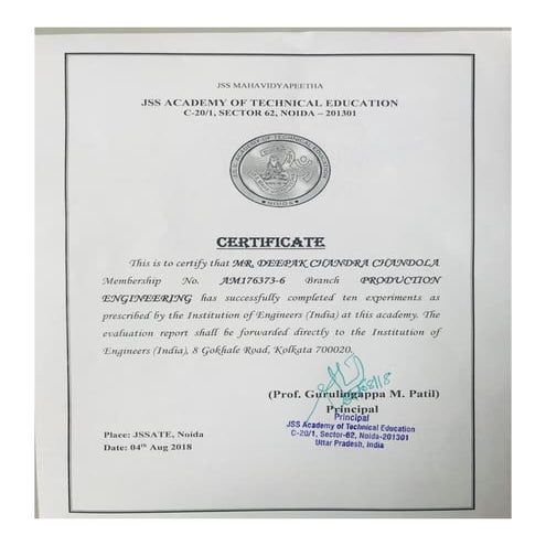 IEI Production Engineering Lab Certificate | PDF
