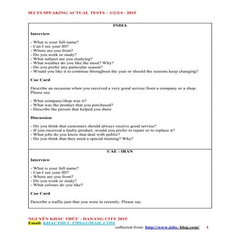 Ielts speaking actual tests 2015 (1) | PDF