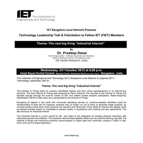 IET BANGALORE Presents Technology Leadership Talk by Dr.Pradeep Desai - 23rd Oct 2013f | PDF