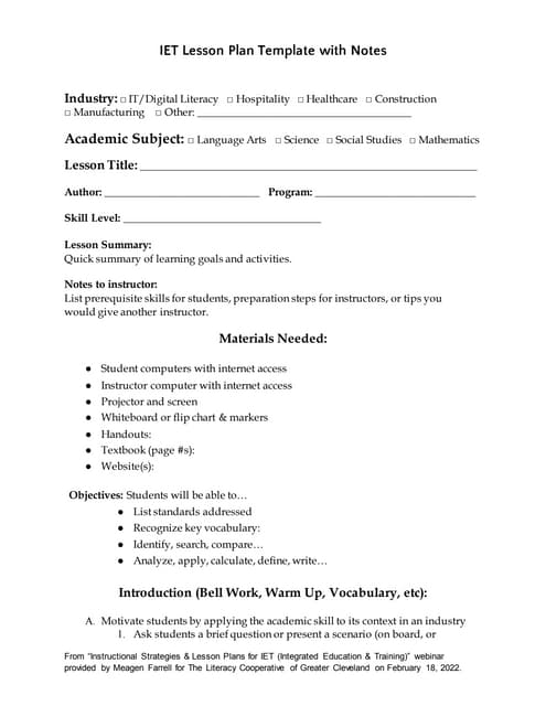 Blank IET Lesson Plan Template | PDF