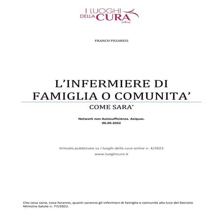 L'INFERMIERE DI FAMIGLIA O COMUNITA'. COME SARA' | PDF