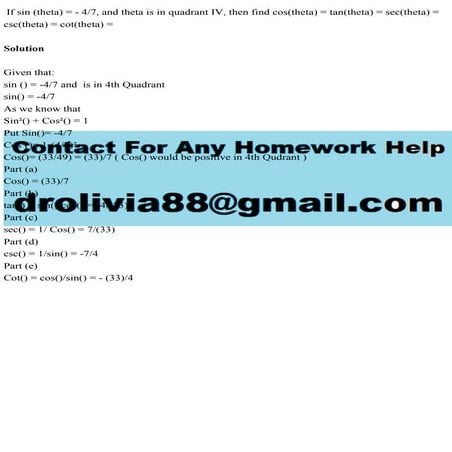 If sin (theta) = - 47, and theta is in quadrant IV, then find cos(th.pdf