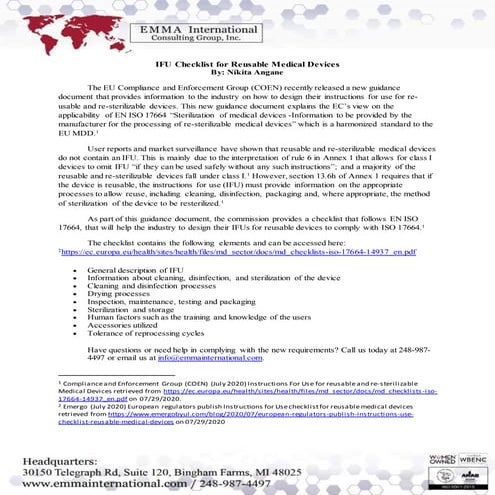IFU Checklist for Reusable Medical Devices | DOCX