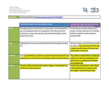 Ig1 task 2 analysis work sheet bulletstorm | PPT