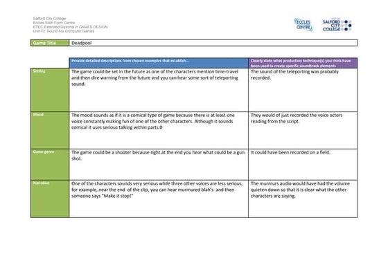 Deadpool sound analysis | DOCX | Music | Entertainment