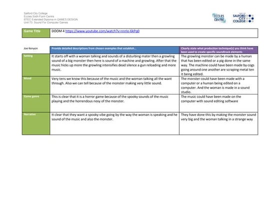 Ig1 task 2 analysis work sheet bulletstorm | PPT