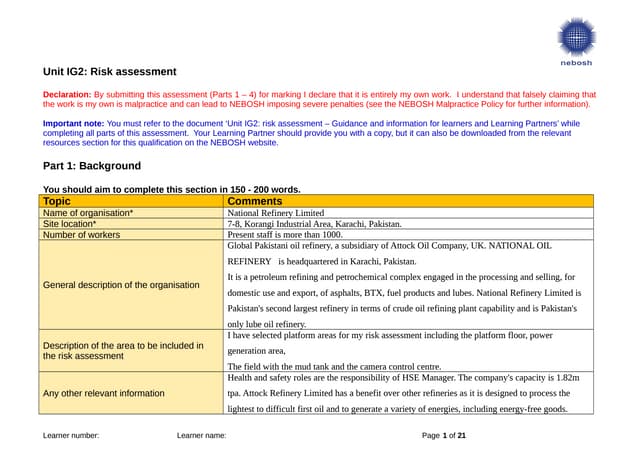 Risk assessment Report for NEBOSH Assessment | DOCX