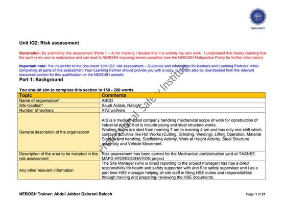 Risk assessment Report for NEBOSH Assessment | DOCX | First Aid | Injuries