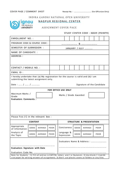 Ignou assignment front cover page | DOCX Ignou assignment front cover page | DOCX