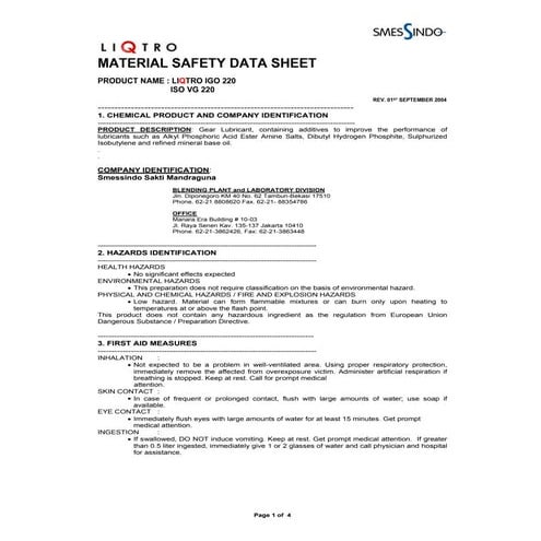 Industrial Gear Oil ISO VG 220 | PDF | First Aid | Injuries