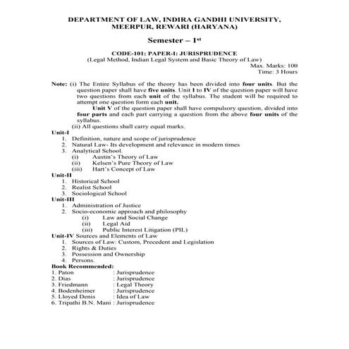 Igu department of law llb syllabus 1st semester | PDF