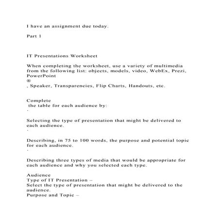 I have an assignment due today. Part 1IT Presentations .docx
