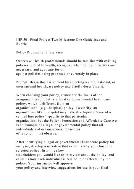 IHP 501 Final Project Two Milestone One Guidelines and Rubr.docx IHP 501 Final Project Two Milestone One Guidelines and Rubr.docx
