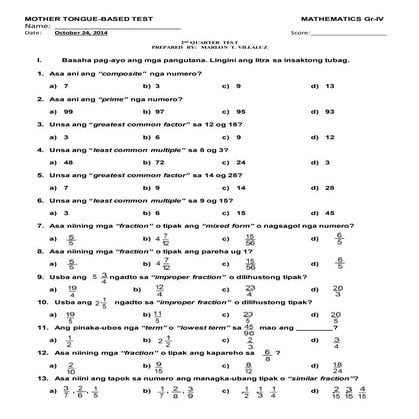 mother tongue-based - test in math iv | DOCX