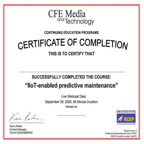 Certificate of Completion "IIoT Enabled Predictive Maintenance" Online ...