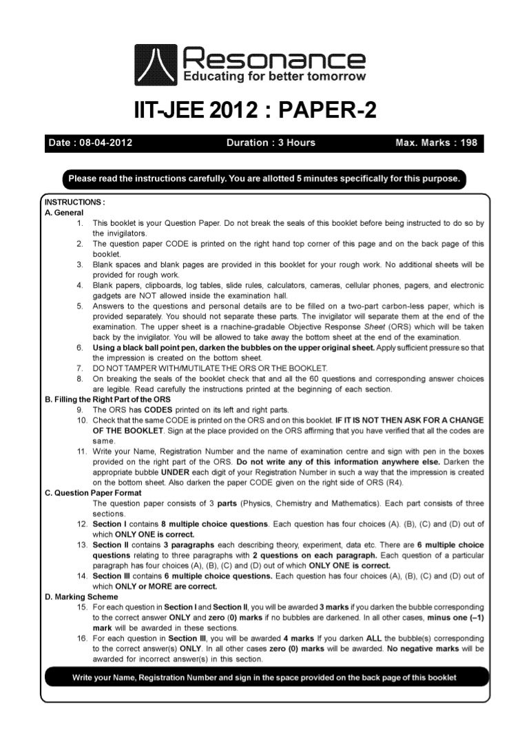 IIT JEE 2012 Paper 2 Complete Solution iit-jee-2012-paper-2-complete-solution