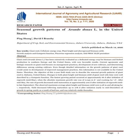 Seasonal growth patterns of Arundo donax L. in the United States | PDF