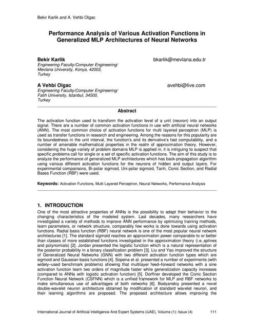 Performance Analysis Of Various Activation Functions In Generalized Mlp Architectures Of Neural