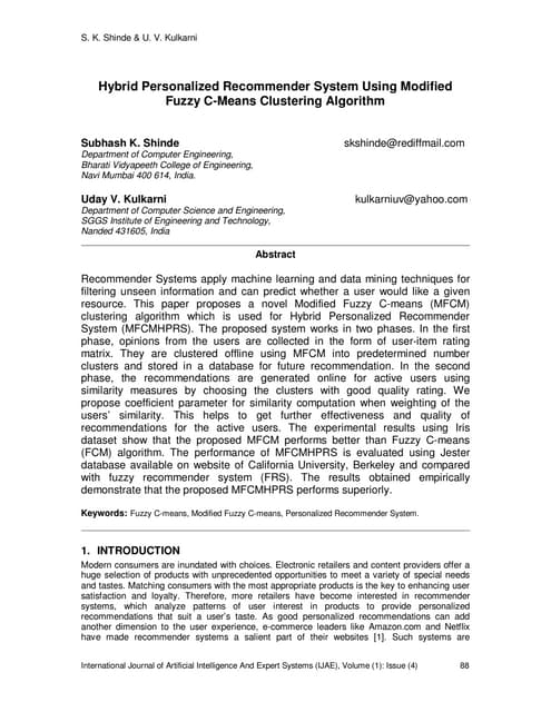 Hybrid Personalized Recommender System Using Modified Fuzzy C Means Clustering Algorithm Pdf 3519