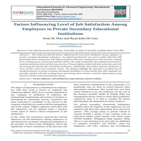 Factors Influencing Level of Job Satisfaction Among Employees in Private Secondary Educational ...