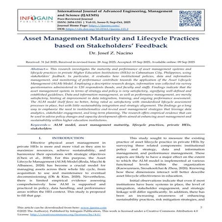 Asset Management Maturity and Lifecycle Practices based on Stakeholders ...