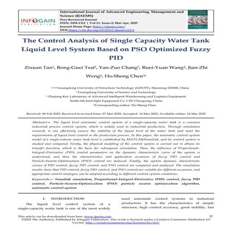 The Control Analysis of Single Capacity Water Tank Liquid Level System Based on PSO Optimized ...